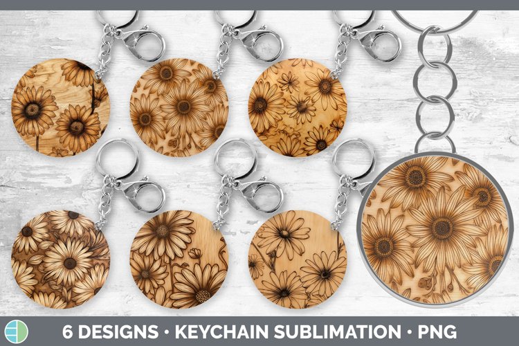 Wood Burned Daisy Flowers Keychain | Sublimation Keyring Des