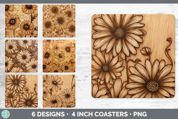 Wood Burned Daisy Flowers Square Coaster | Sublimation Coast