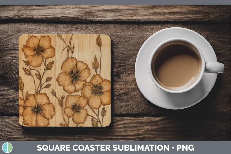 Wood Burned Flowers Abutilon Square Coaster Sublimation Coas