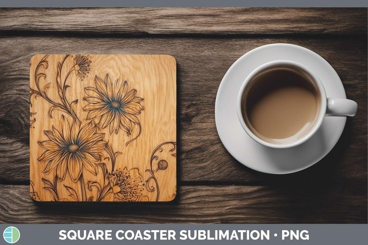 Wood Burned Flowers Aster Square Coaster Sublimation Coaster