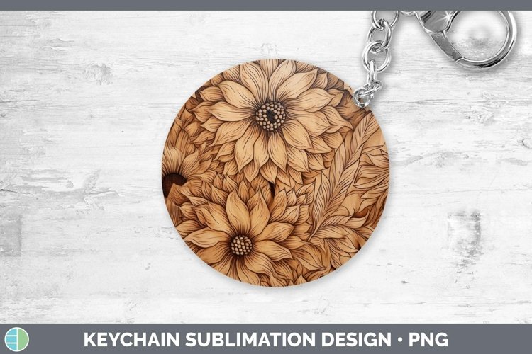 Wood Burned Flowers Dahlia Keychain Sublimation Keyring Desi