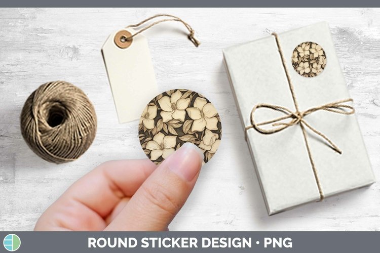 Wood Burned Flowers Gardenia Stickers | Round Labels Designs