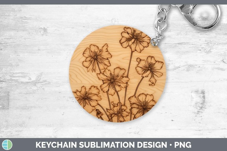 Wood Burned Flowers Geranium Keychain Sublimation Keyring De