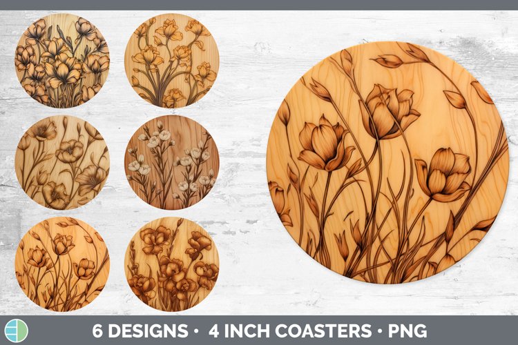 Wood Burned Freesia Flowers Round Coaster | Sublimation Coas