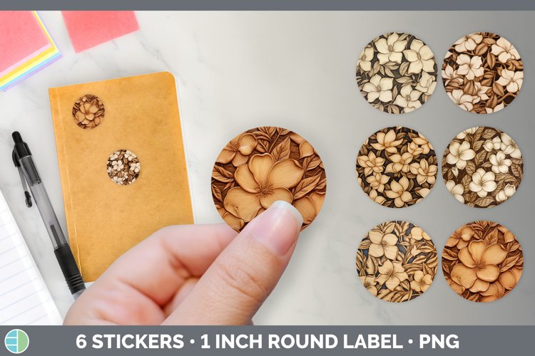 Wood Burned Gardenia Flowers Stickers | Round Labels Designs