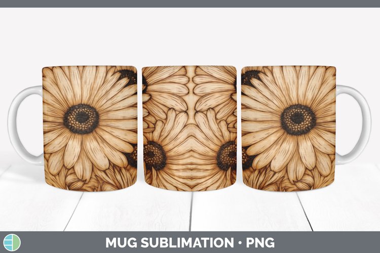 Wood Burned Gerbera Daisy Flowers Mug Wrap | Sublimation Cof