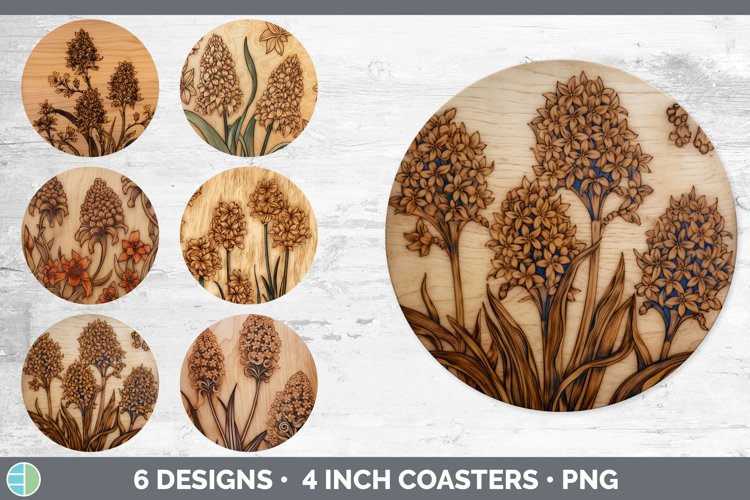 Wood Burned Hyacinth Flowers Round Coaster | Sublimation Coa