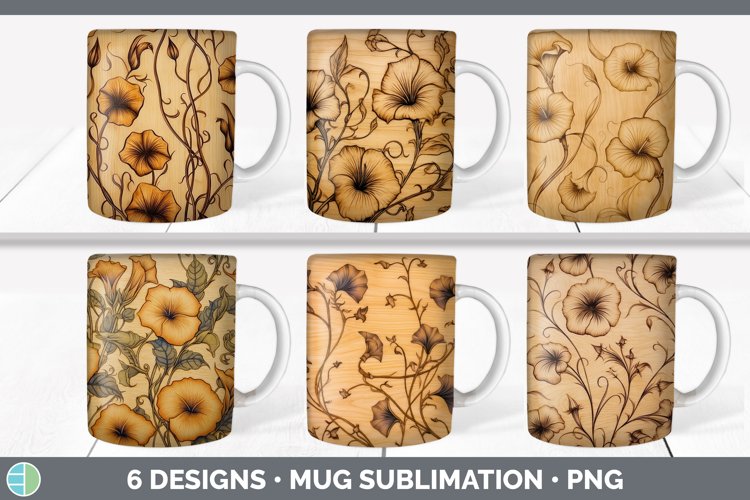 Wood Burned Morning Glory Flowers Mug Wrap | Sublimation Cof