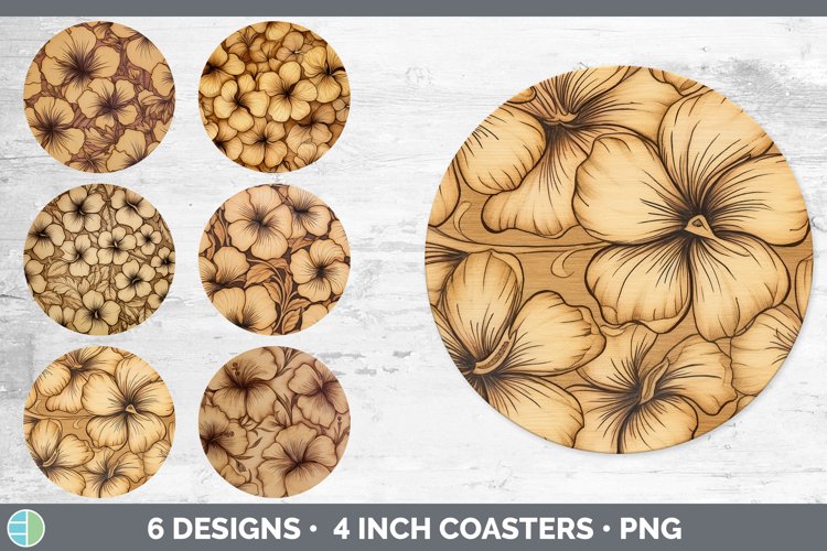 Wood Burned Petunia Flowers Round Coaster | Sublimation Coas