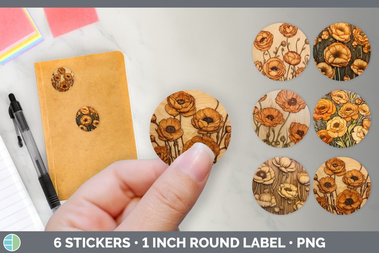 Wood Burned Ranunculus Flowers Stickers | Round Labels Desig