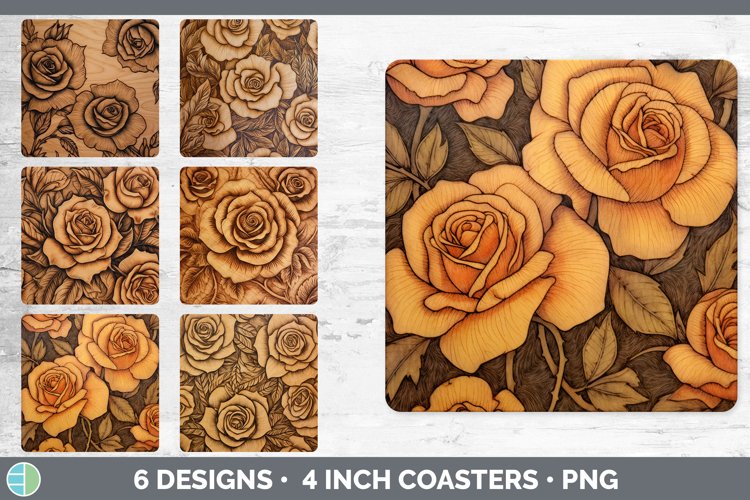 Wood Burned Rose Flowers Square Coaster | Sublimation Coaste