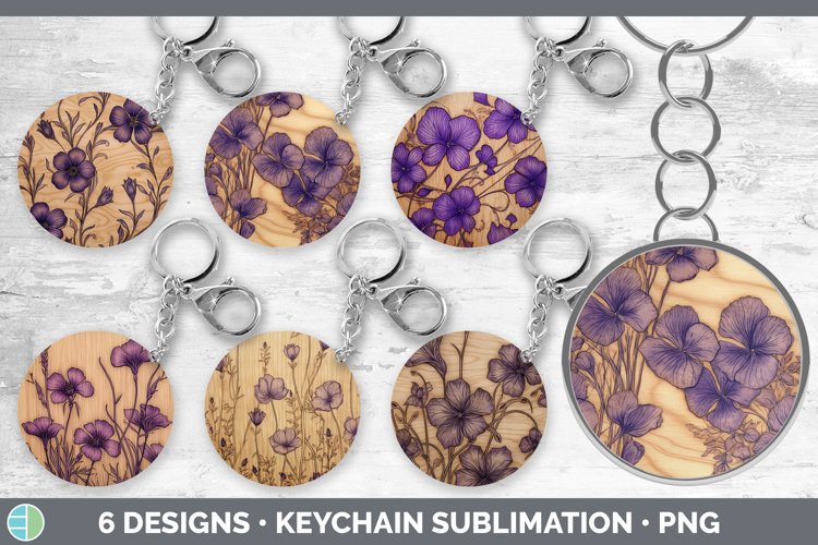 Wood Burned Violet Flowers Keychain | Sublimation Keyring De
