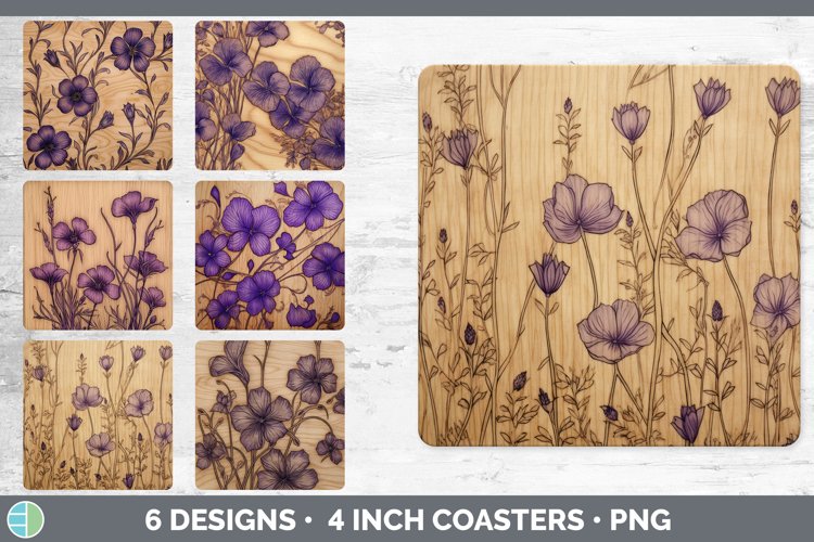 Wood Burned Violet Flowers Square Coaster | Sublimation Coas