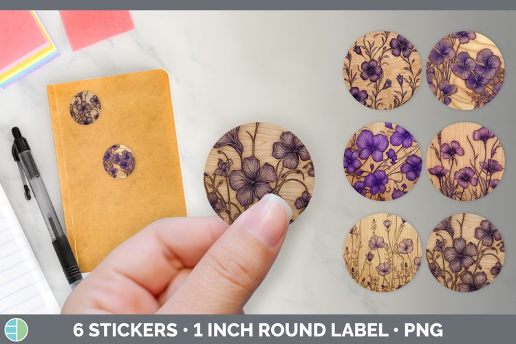 Wood Burned Violet Flowers Stickers | Round Labels Designs B