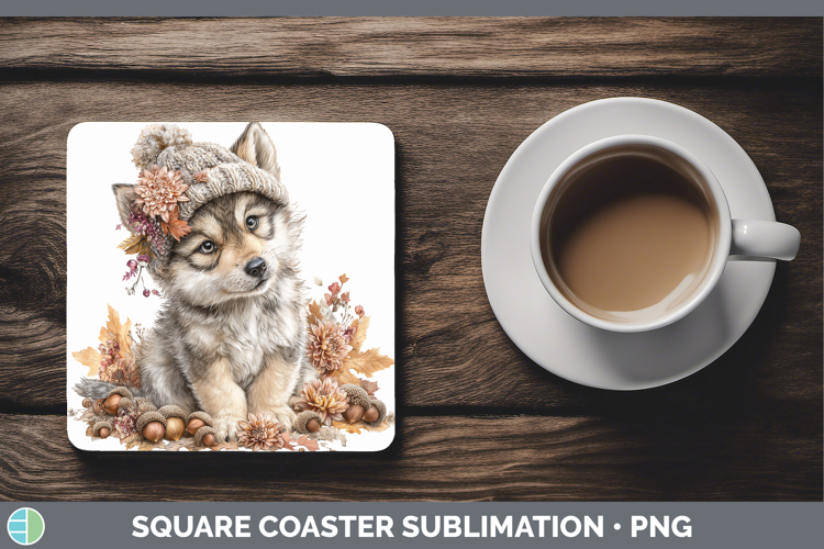 Woodland Boho Autumn Wolf Square Coaster Sublimation Coaster