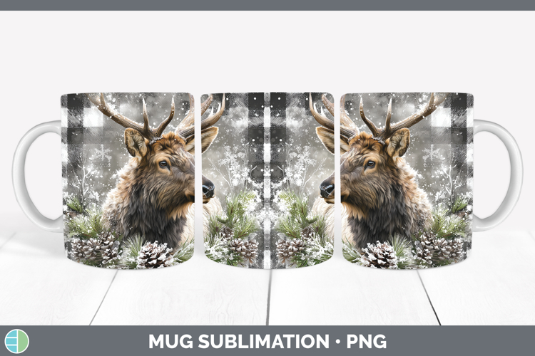 Elk Woodland Checker Christmas Mug Wrap Sublimation Design