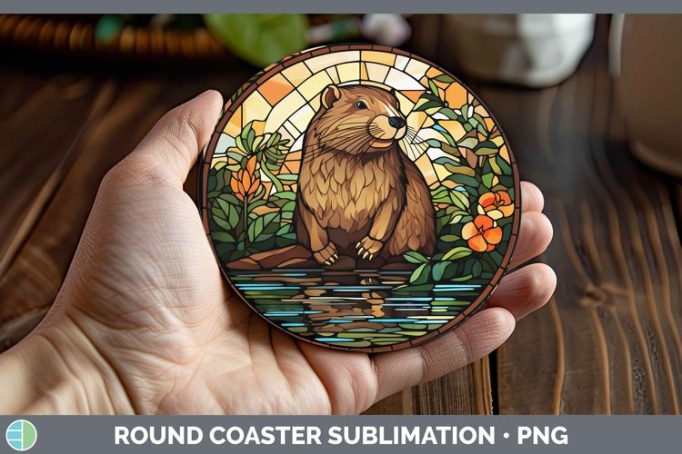 Woodland Stained Glass Beaver Round Coaster Sublimation Coas