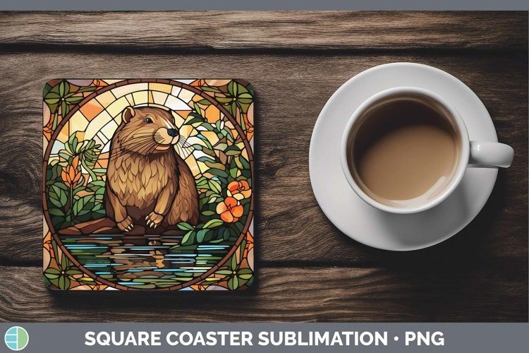 Woodland Stained Glass Beaver Square Coaster Sublimation Coa