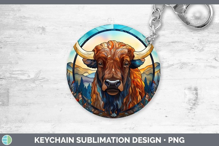 Woodland Stained Glass Bison Keychain Sublimation Keyring De