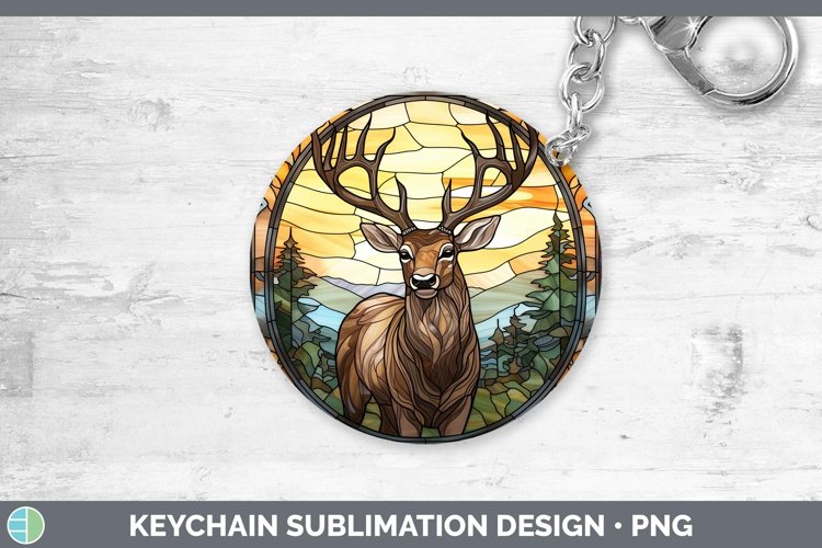 Woodland Stained Glass Elk Keychain Sublimation Keyring Desi
