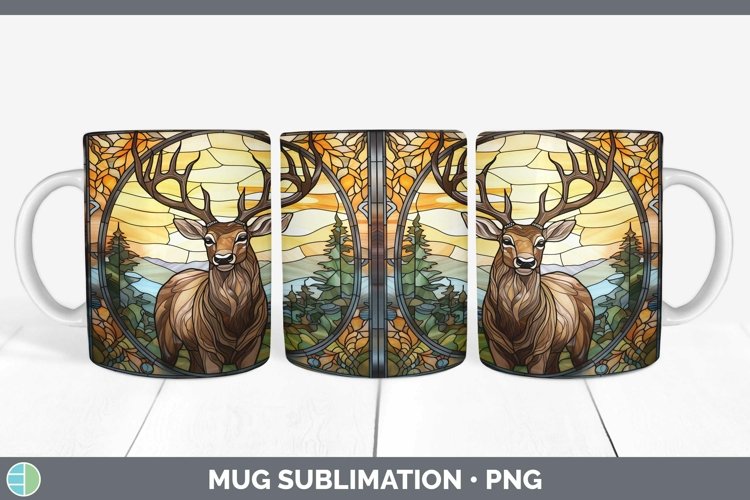 Woodland Stained Glass Elk Mug Wrap Sublimation Coffee Cup D