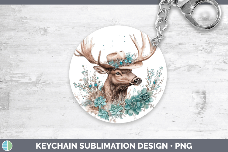 Woodland Teal Cowboy Elk Keychain Sublimation Keyring Design