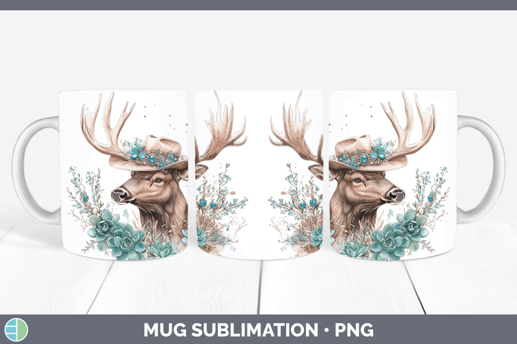 Woodland Teal Cowboy Elk Mug Wrap Sublimation Coffee Cup Des