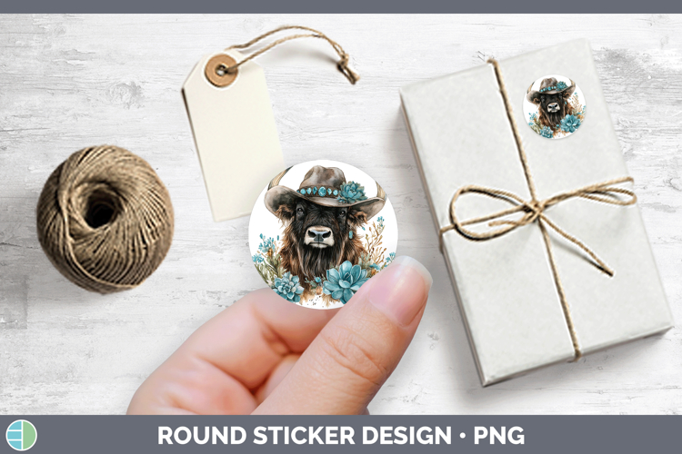 Woodland Teal Cowboy Musk Ox Stickers | Round Labels Designs