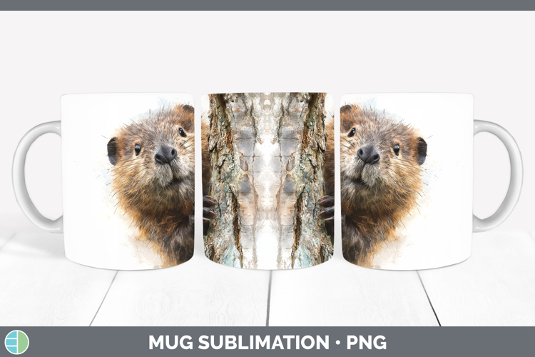 Beaver Woodland Tree Peek Mug Wrap Sublimation Design