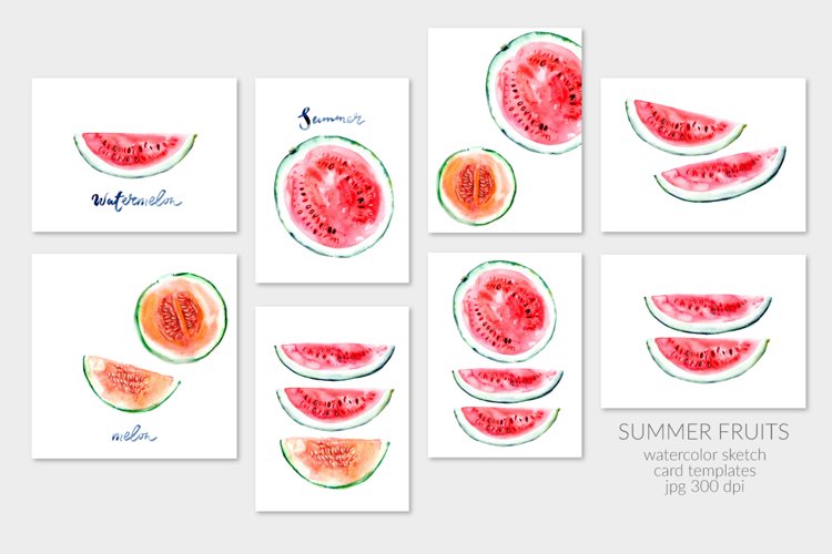 Watercolor summer fruit cards with watermelon and melon cuts