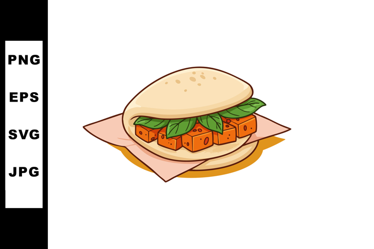 Vegan tofu sandwich with fresh basil leaves and flatbread in
