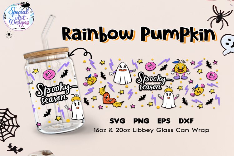 Rainbow Pumpkin | 16oz Libbey Can | Transparent Glasswrap