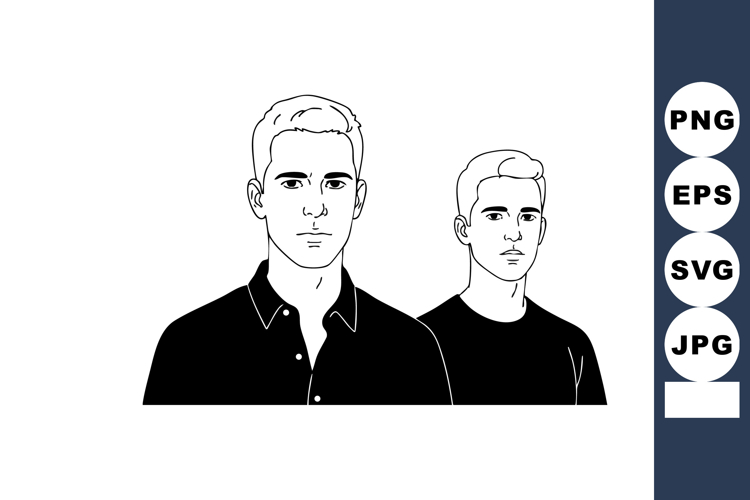 Two young men standing portrait black and white vector illus