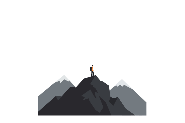 Hiker standing triumphantly on mountain peak in minimal vect