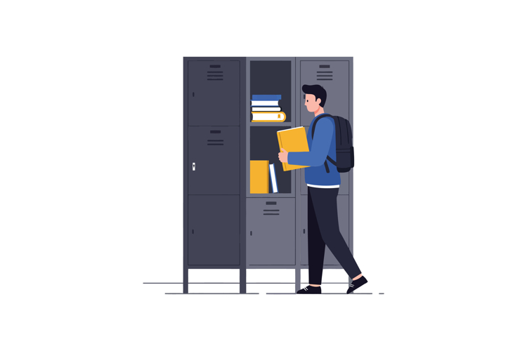 Student accessing locker with books in flat vector illustrat