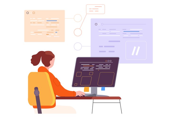 Woman working with code language. Algorithm coder character