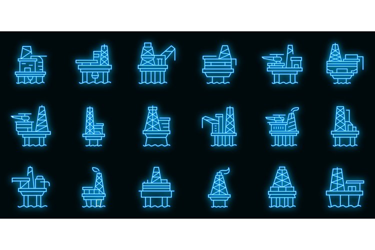 Sea drilling rig icons set vector neon