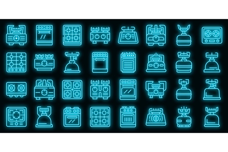 Burning gas stove icons set vector neon