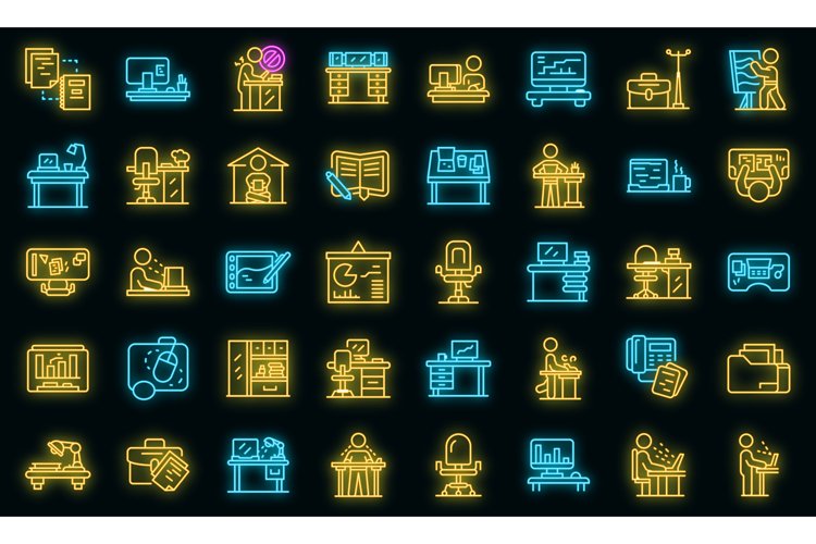 Ergonomic workplace icons set vector neon