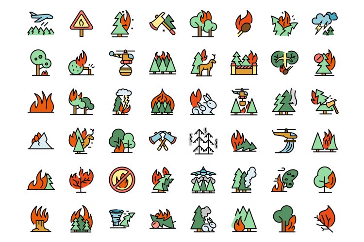 Burning forest icons set vector flat