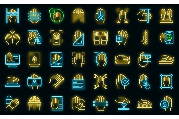 Palm scanning icons set vector neon
