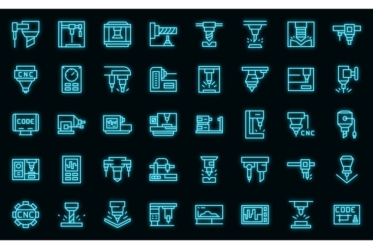 Cnc machine icons set vector neon