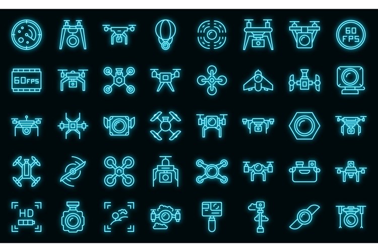 Aerial videography icons set vector neon