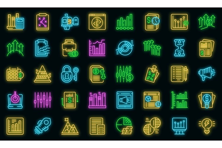 Business trend icons set vector neon