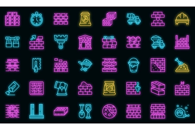 Brick and mortar icons set vector neon