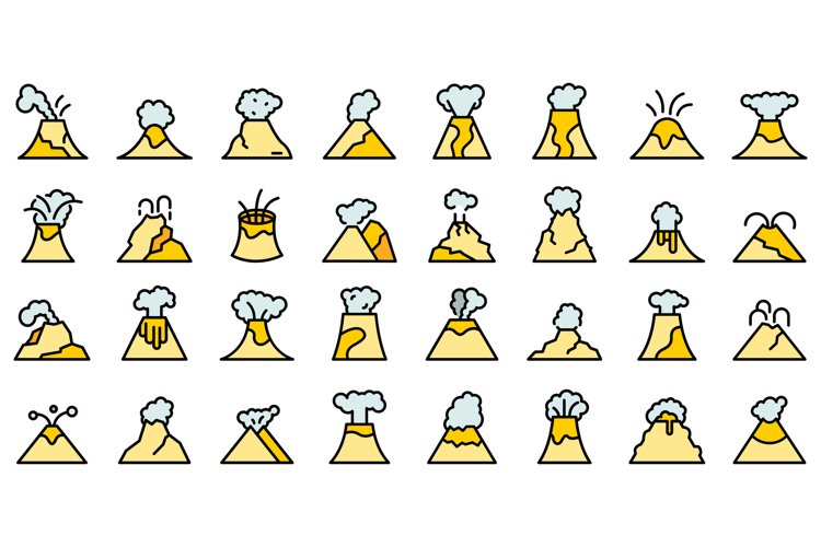 Volcanic eruption icons set vector flat