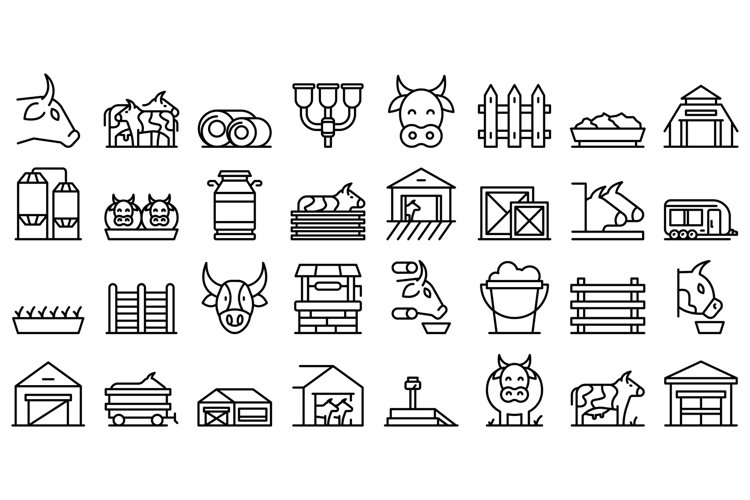 Breeding cows icons set outline vector. Dairy milk