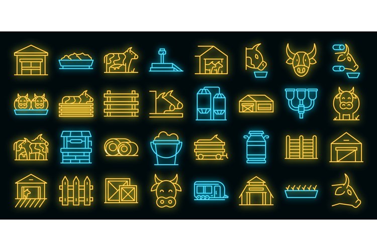 Breeding cows icons set vector neon