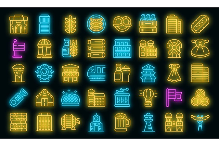 Munich icons set vector neon
